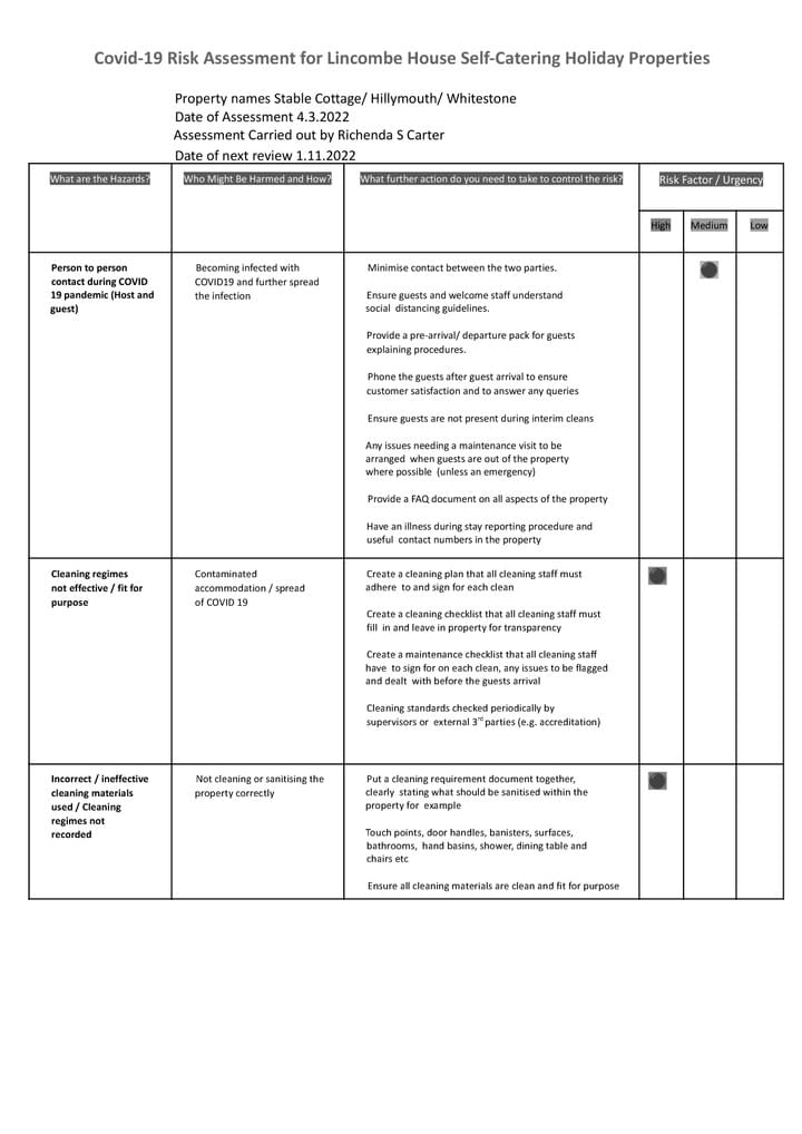 Risk Assessment - Lincombe House Self Catering Holiday Accommodation