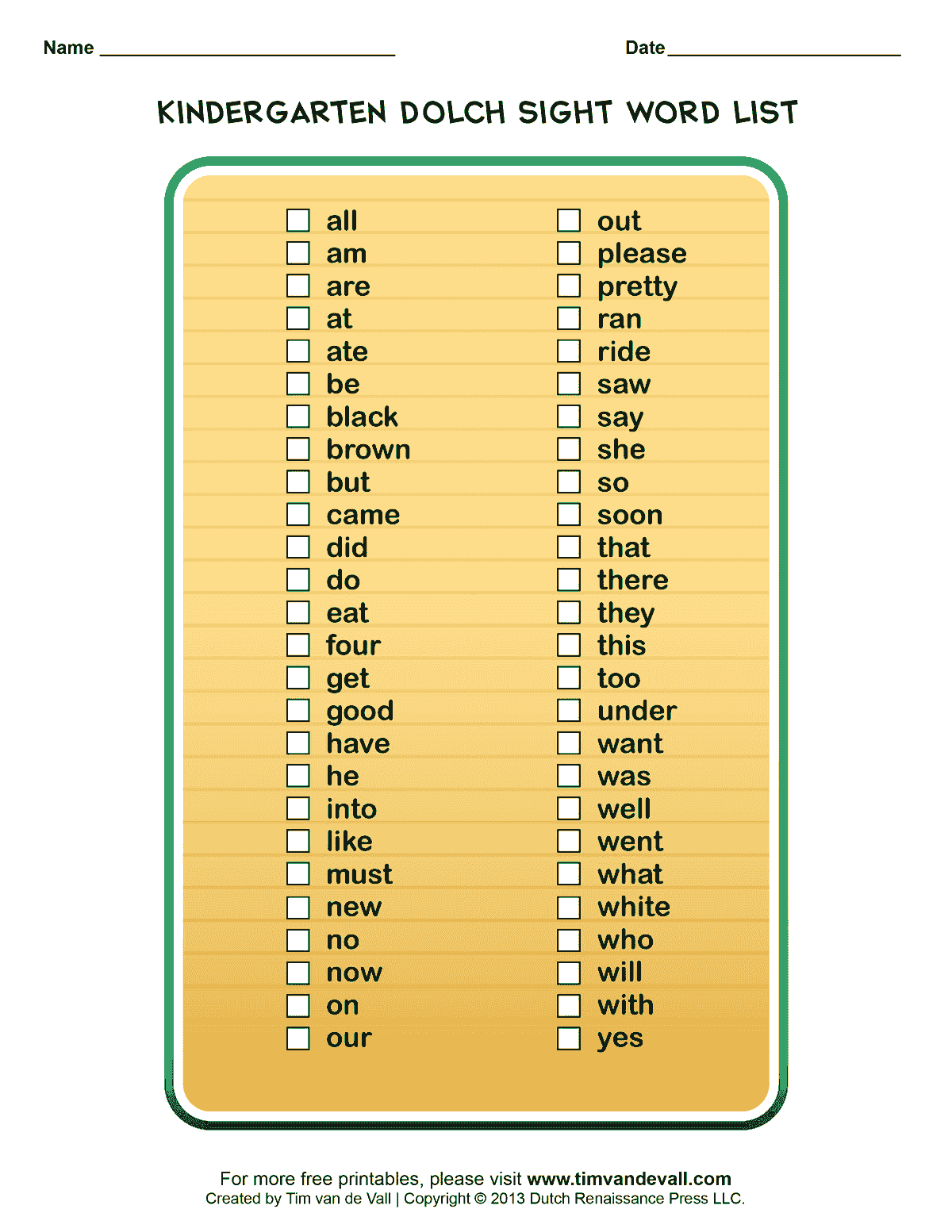 Free printable sight word folders for kindergarten