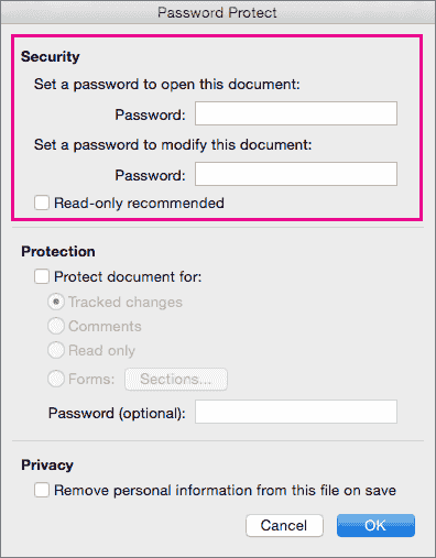 Word for mac 2011 password protect