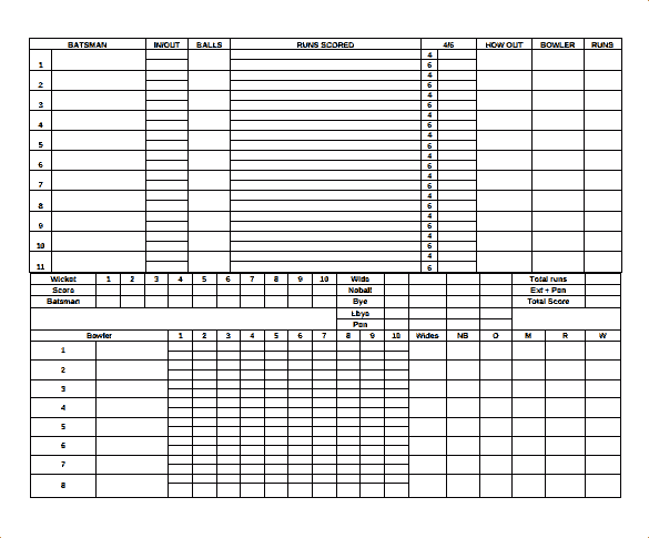 Cricket scoring preprionted sheets
