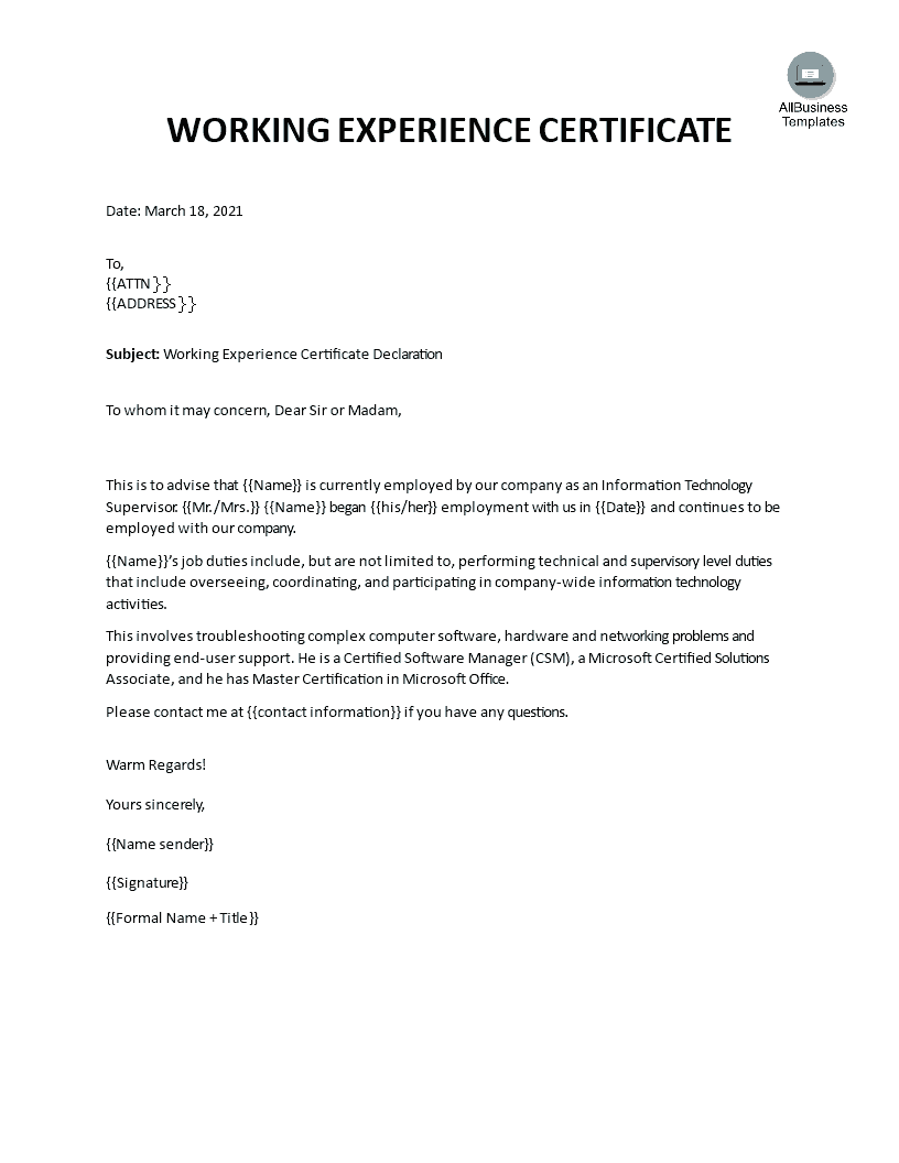 Experience certificate format for public relation offic...