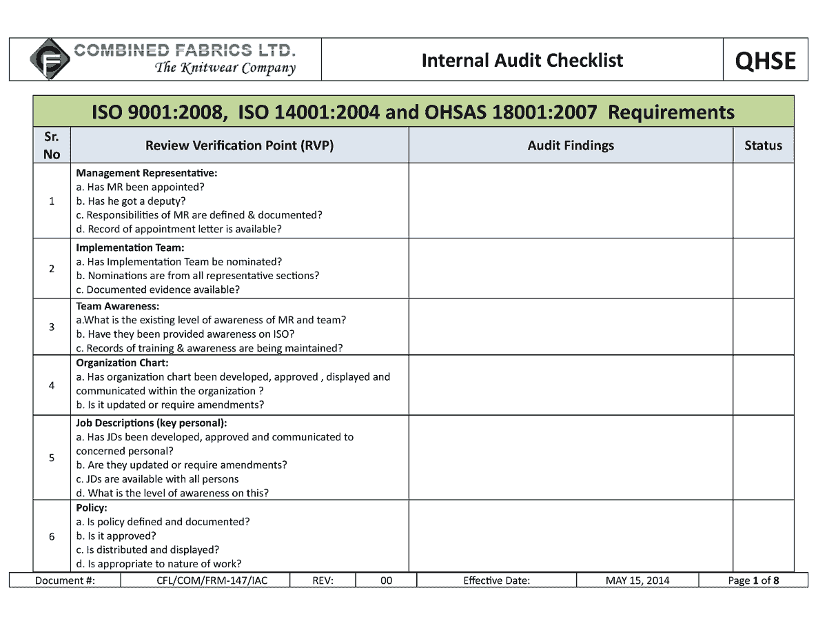 Internal audit checklist iso 90012015