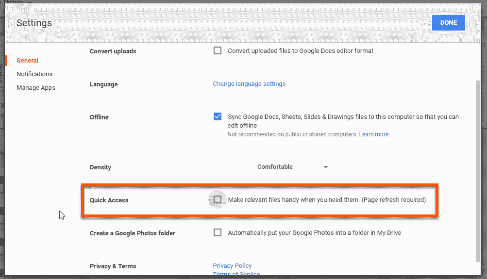 How to disable quick access in google drive