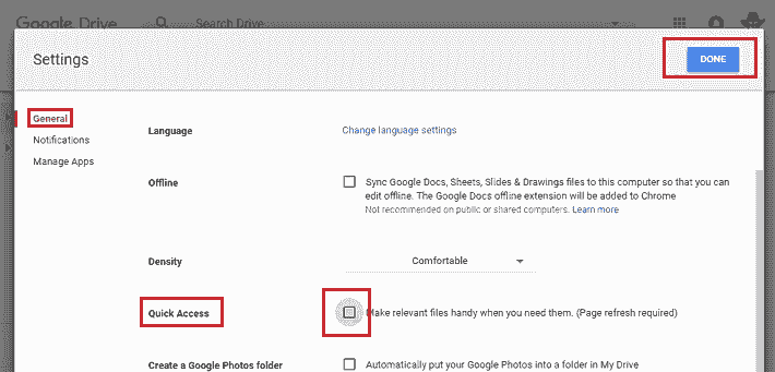 How to disable quick access in google drive