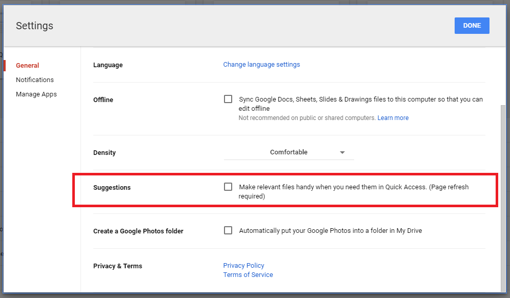 Google drive how to remove quick access