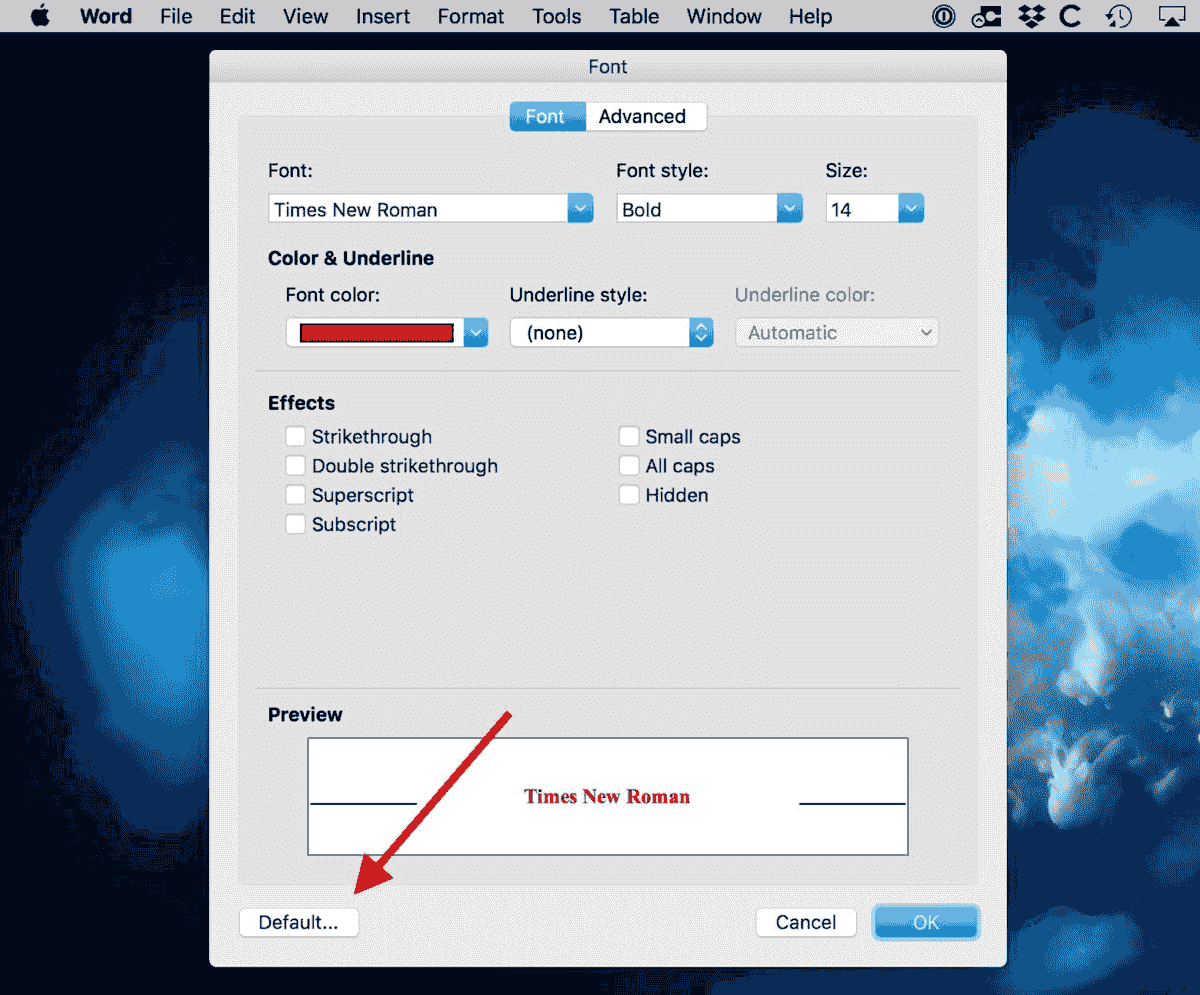 Set a default font in word