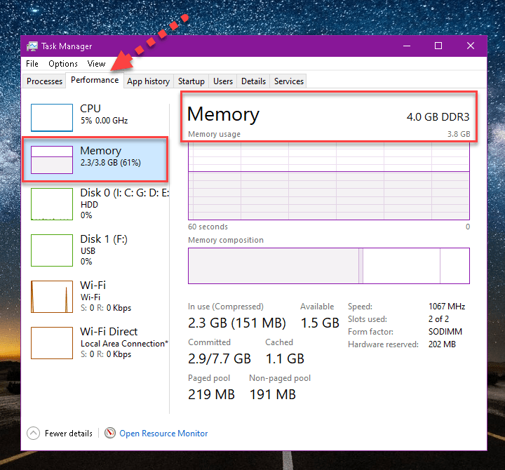 How to find ram in windows 10