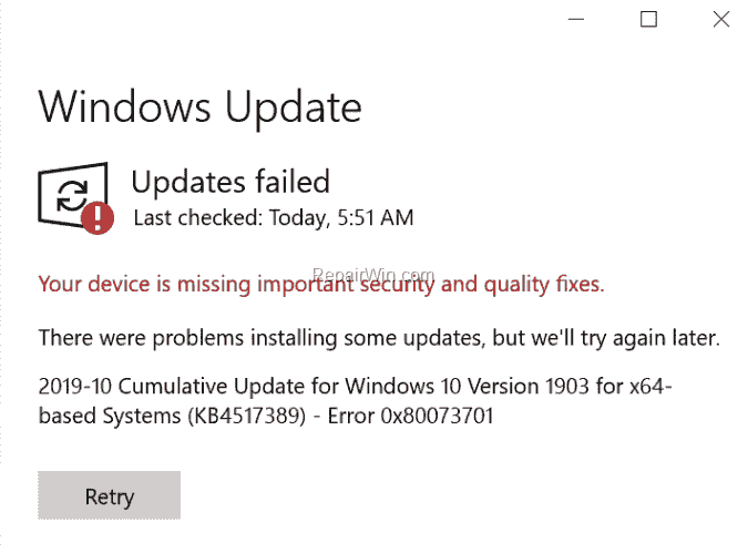Windows 10 cumulative update failed