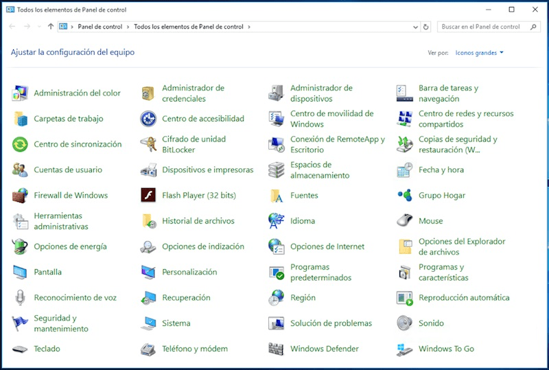 Panel de control en windows 10