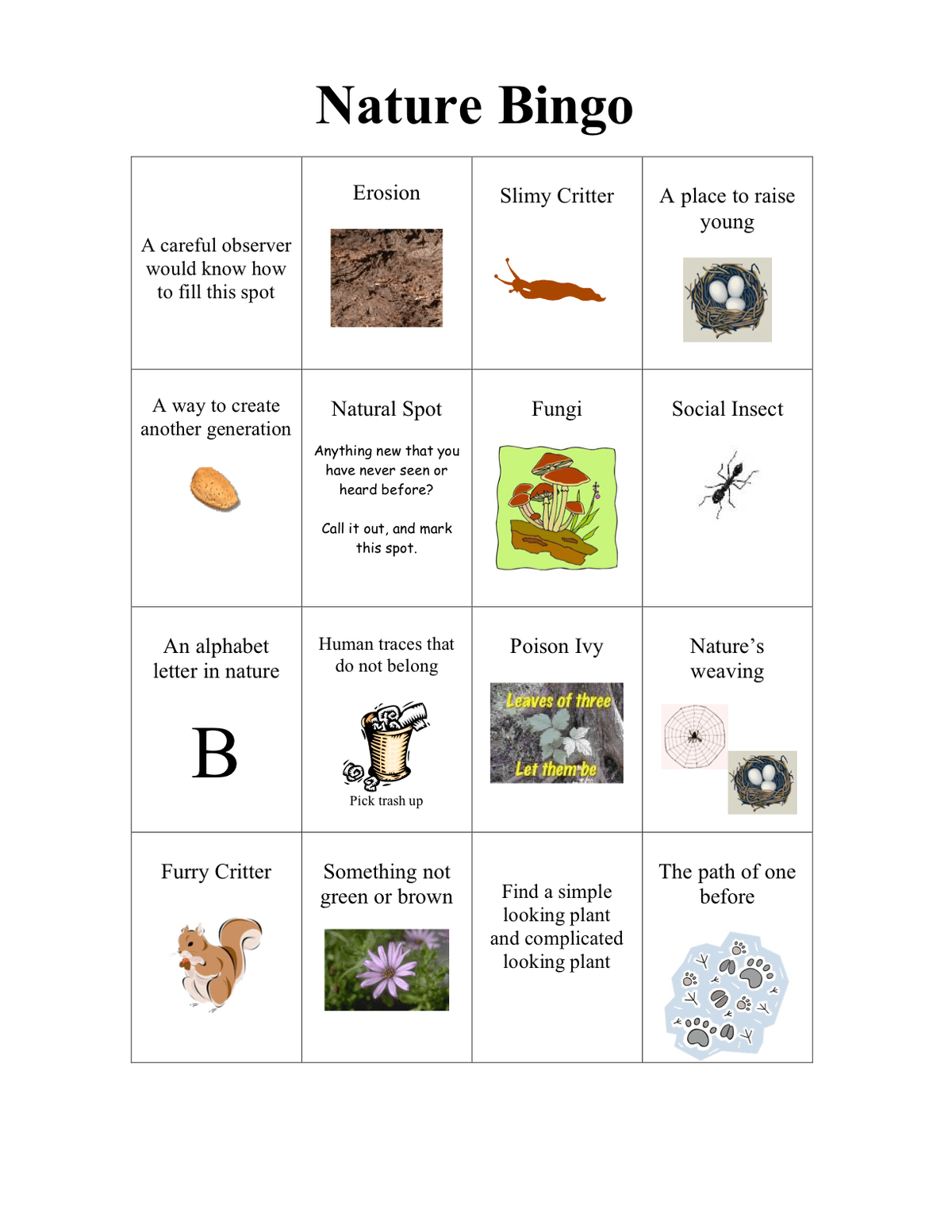 Nature hike bingo game