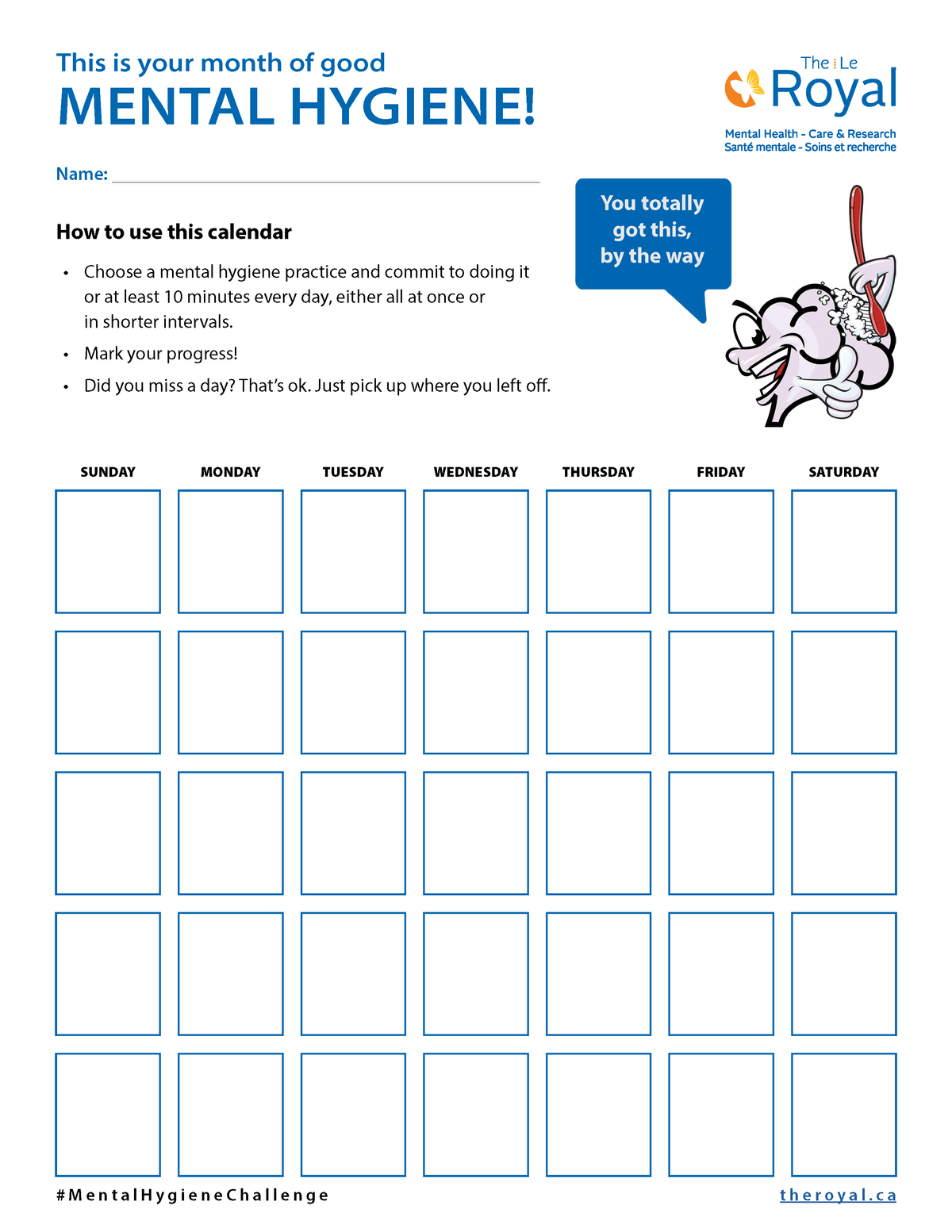 Calendars - The Royal Mental Hygiene Challenge Participant Toolkit