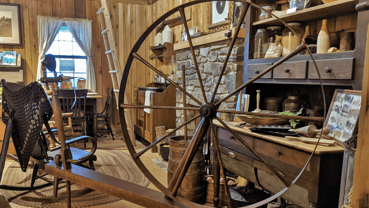Log Cabin Living: Spinning Wheel - Log Cabin Museum Fib...
