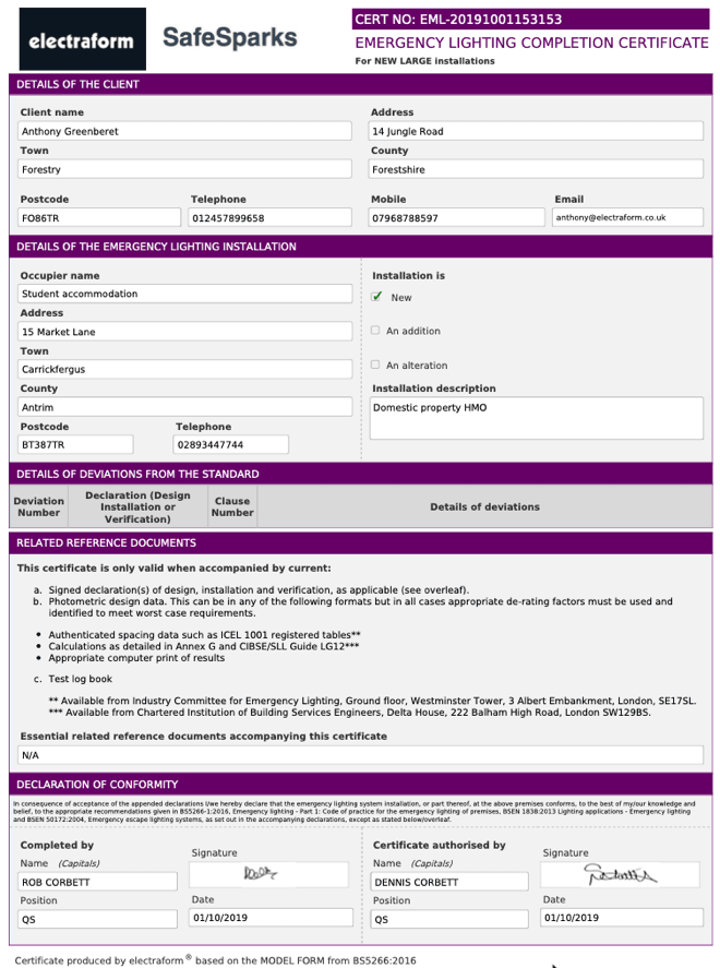 emergency lighting installation certificate template