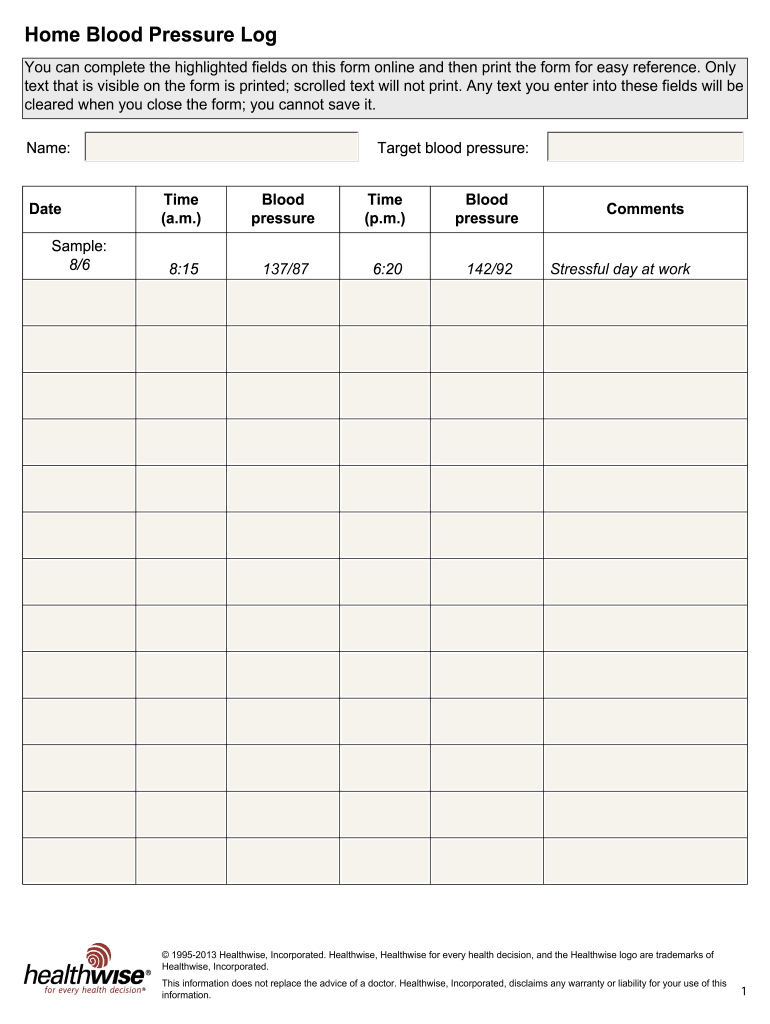 Print blood pressure chart
