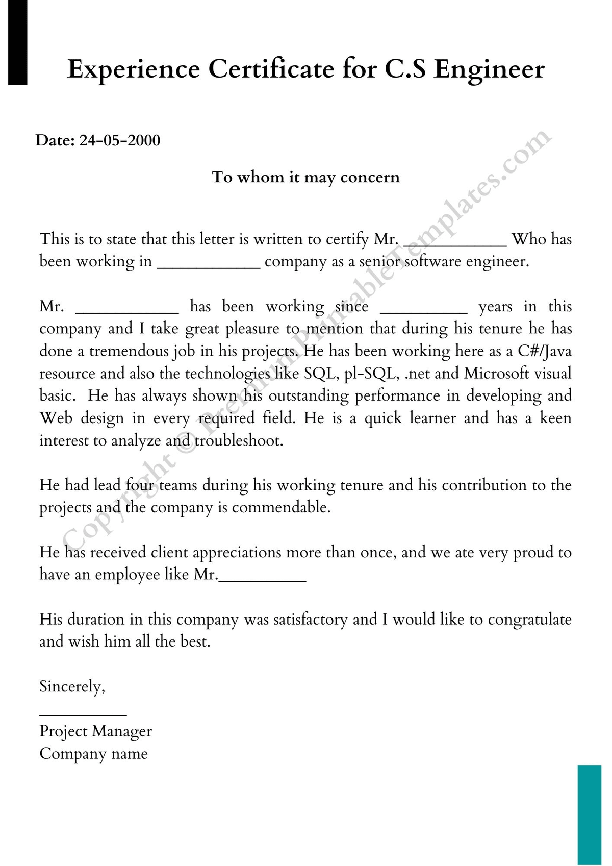 driving experience certificate template