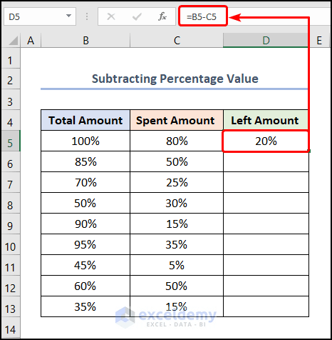 Auto subtract percentage formula in excel