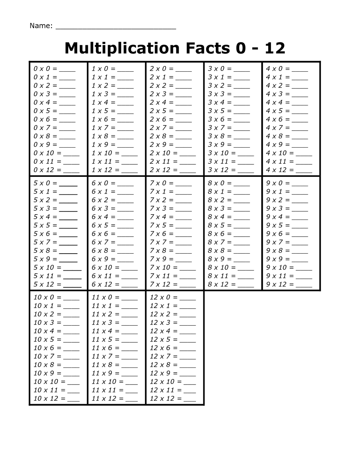 Printable blank multiplication table