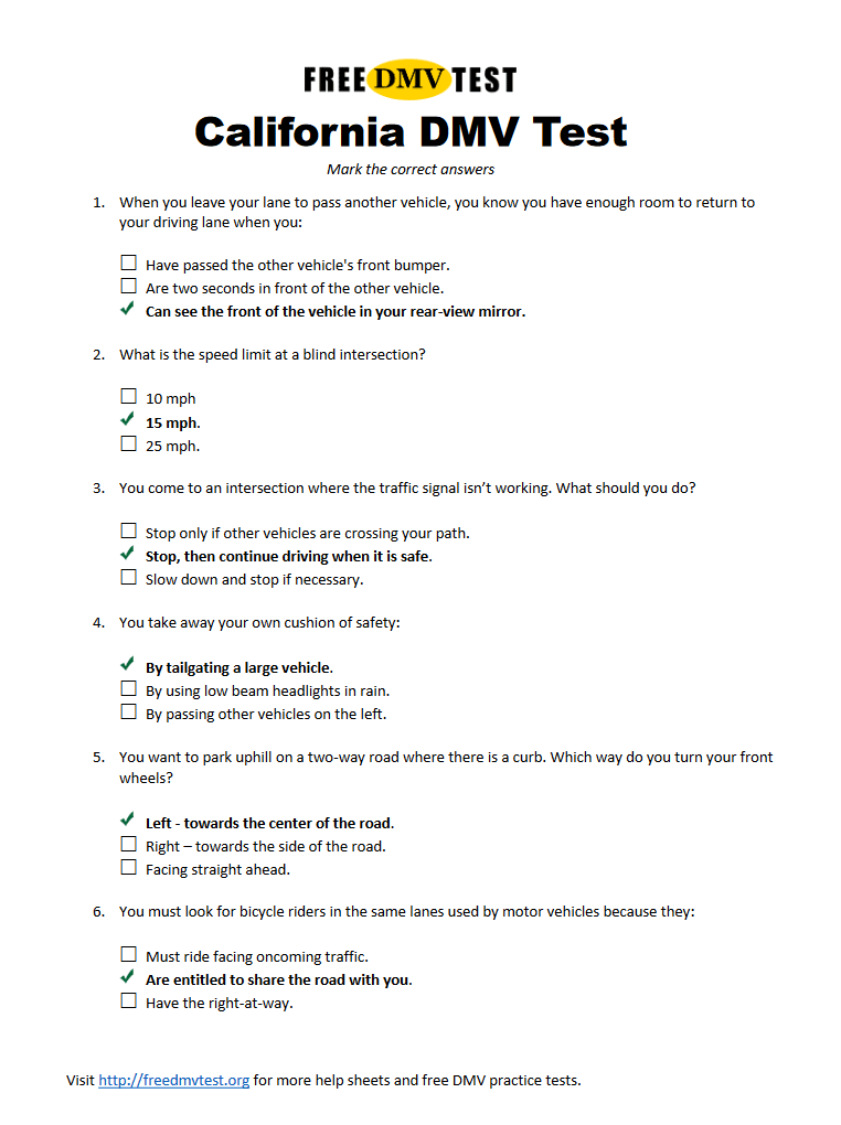 California dmv test cheat sheet