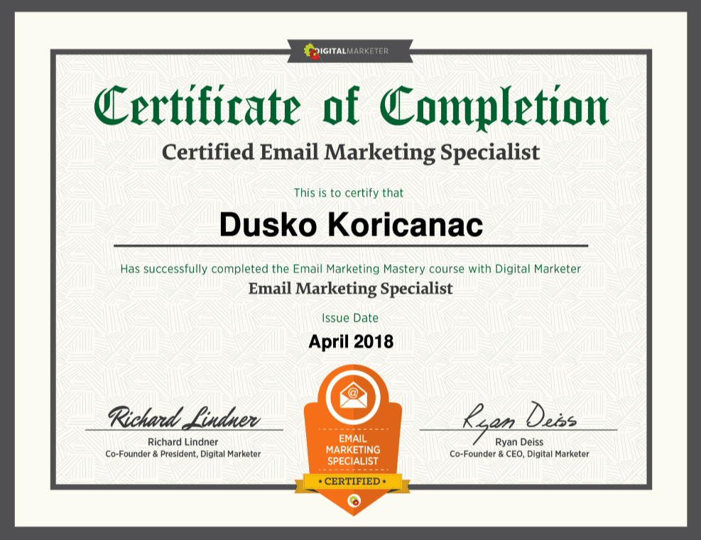 digital marketing certificate example