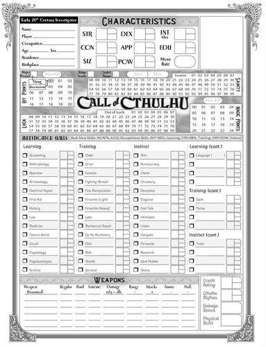 Call of cthulhu blank character sheet