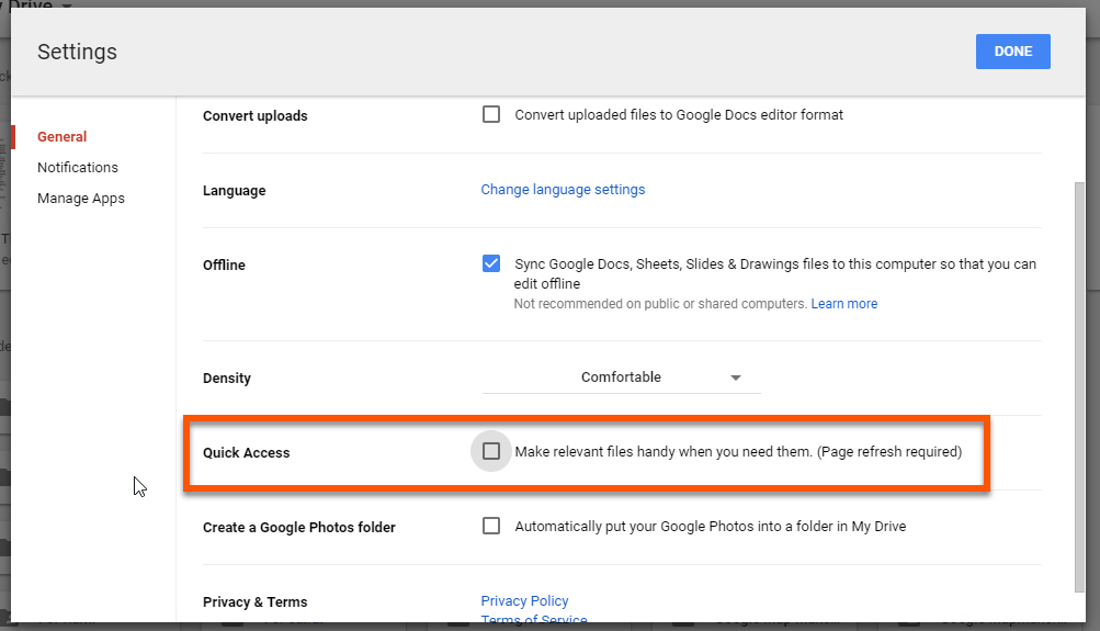 How to disable quick access in google drive