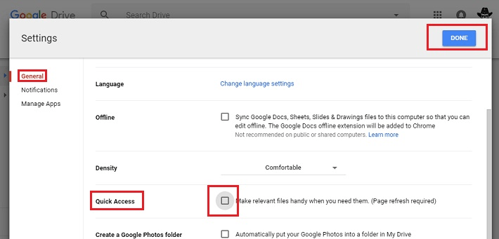 How to disable quick access in google drive