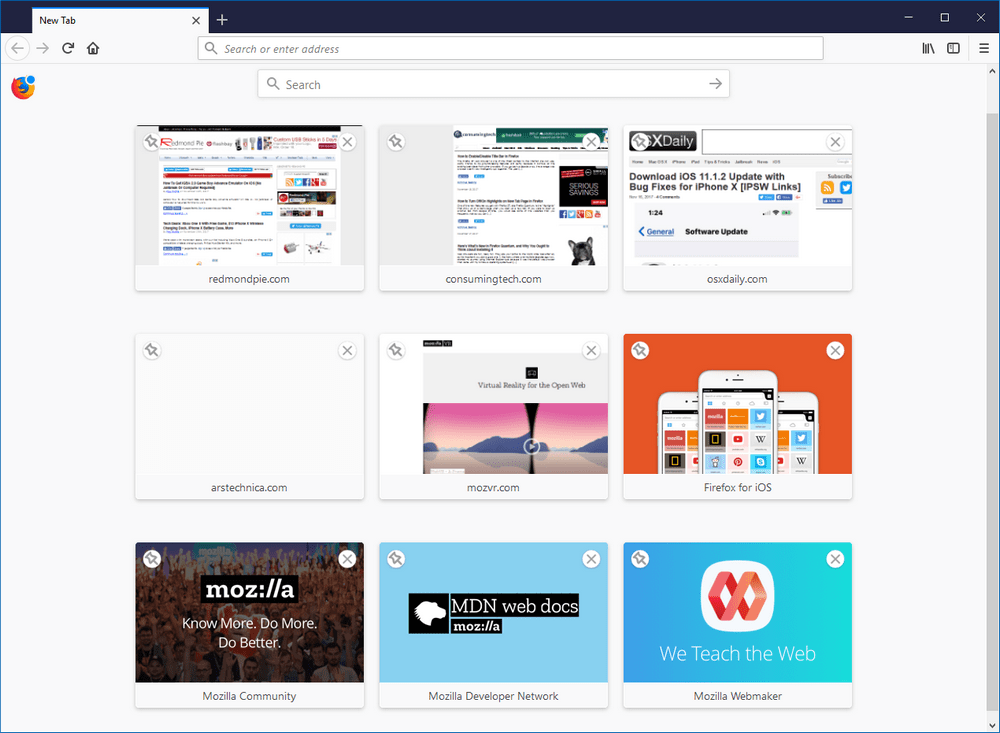 Firefox 57 new tab page