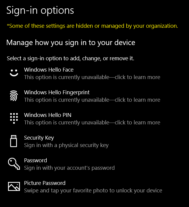 Windows 10 sign in options not showing