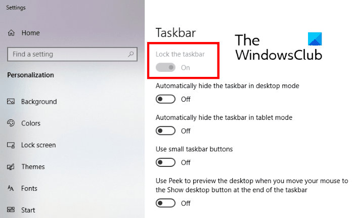 Windows 10 lock the taskbar