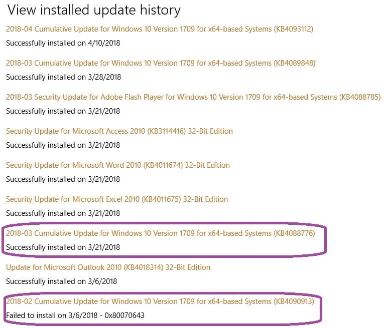 Windows 10 version 1709 failed