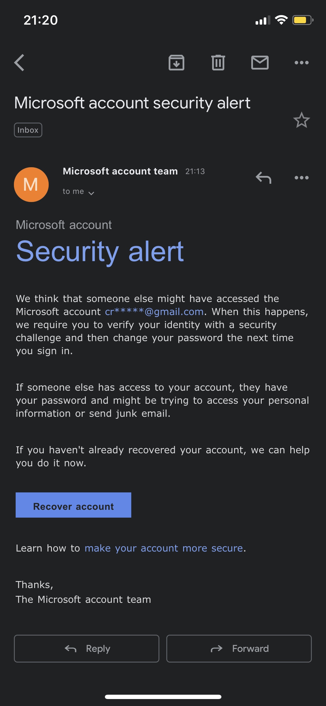 Microsoft account security alert text