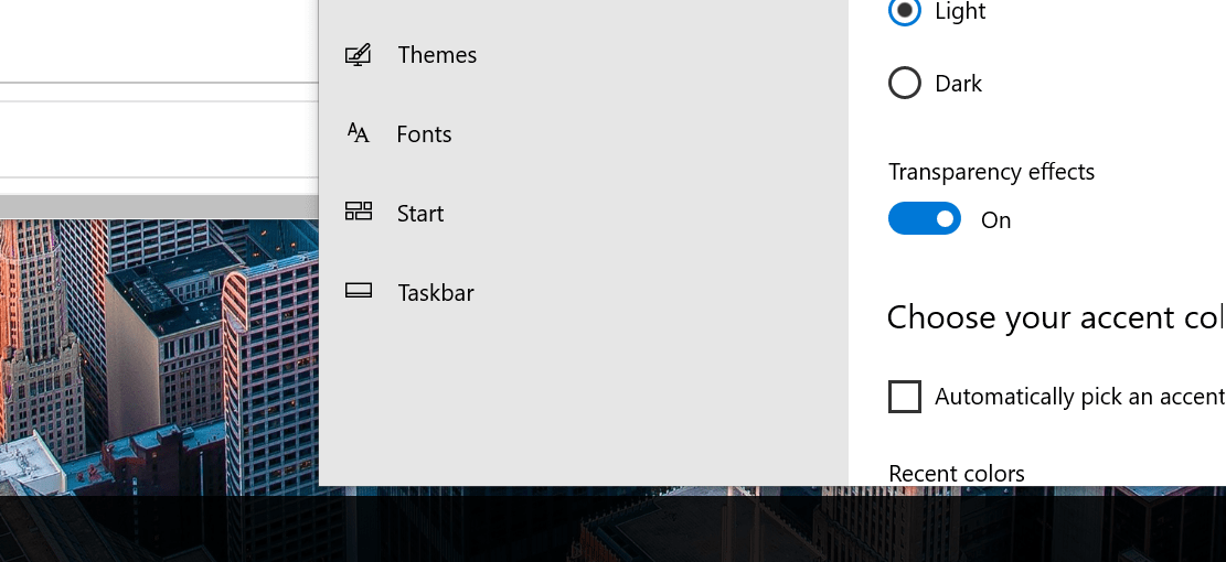 Windows 10 transparency effects