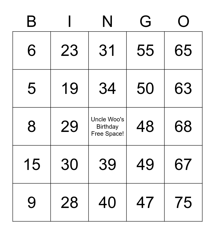 Bingo card numbers 1 75
