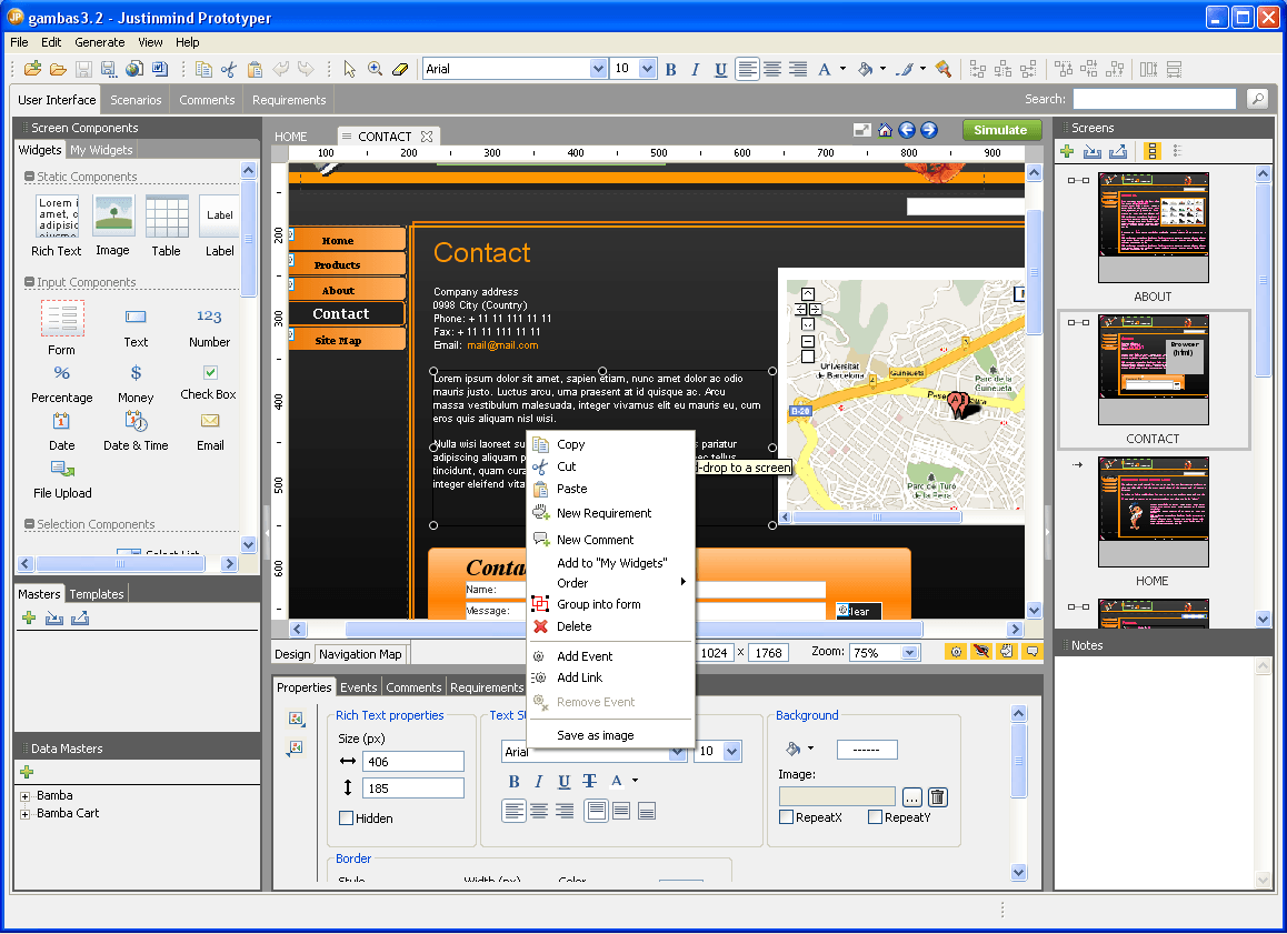 Justinmind protptype size unit