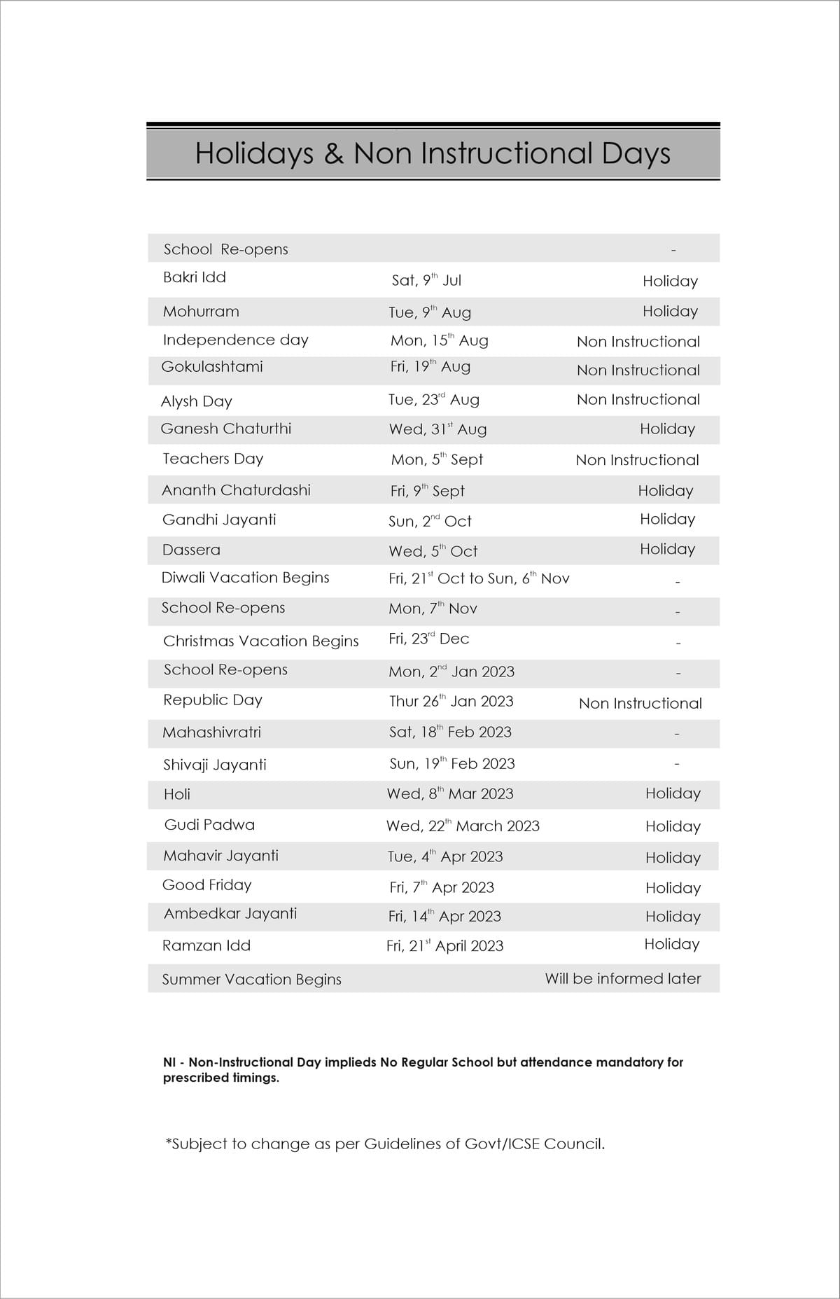 Holiday List