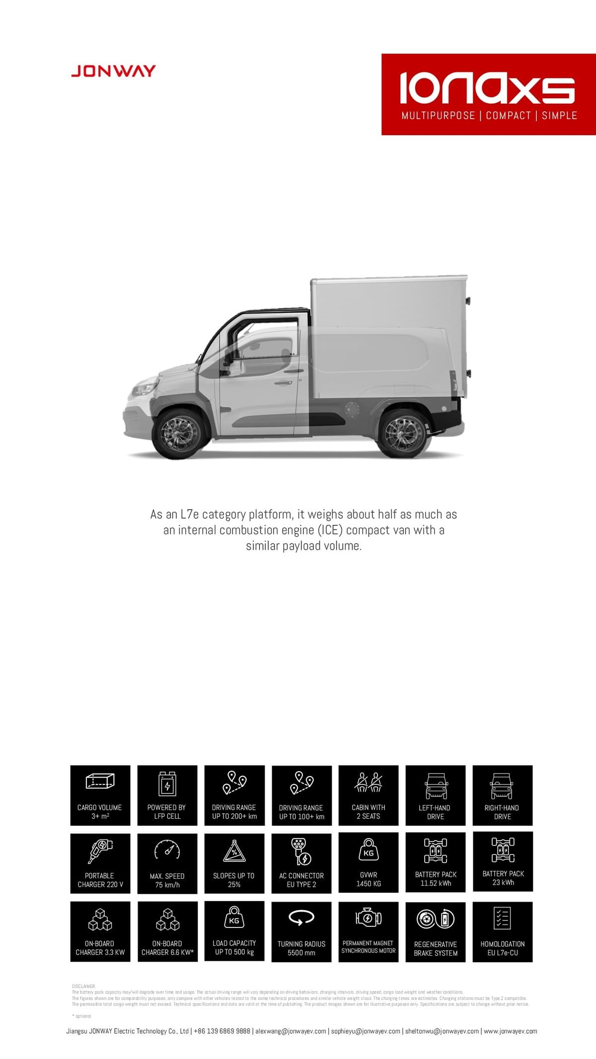 Jonway EV - Vehicle specifications
