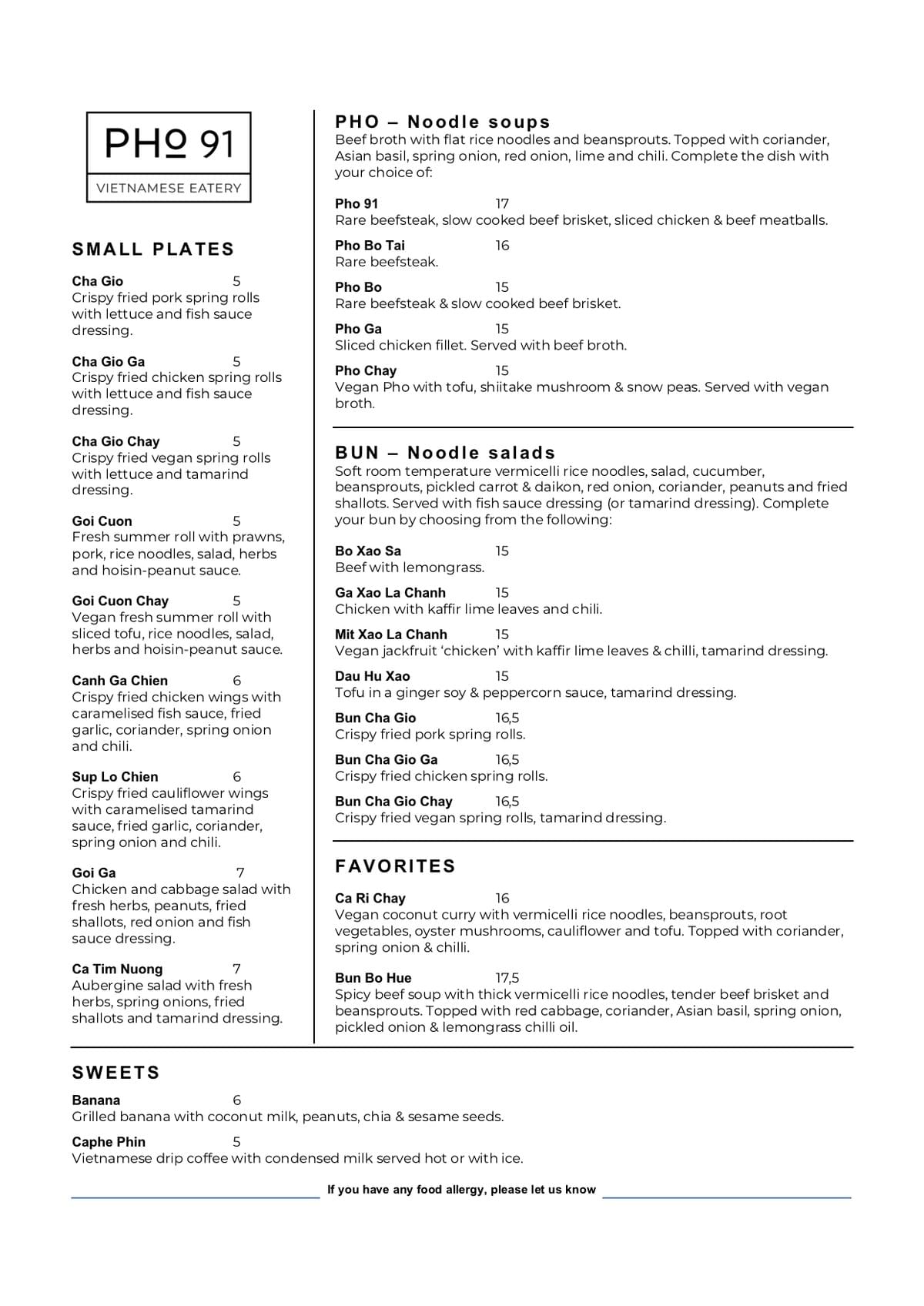 Menu - Pho 91 | Vietnamese eatery | Amsterdam