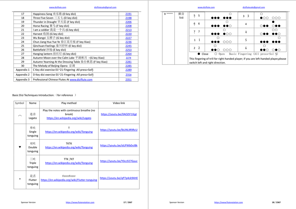 Free Songs Notation Score Book ( Chinese Bamboo Flute Finger Chart ...