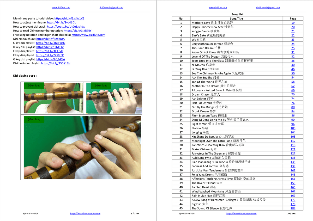 Free Songs Notation Score Book ( Chinese Bamboo Flute Finger Chart ...