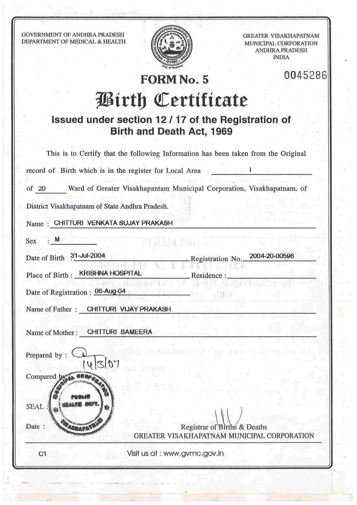 Form No 5 Birth Certificate Download