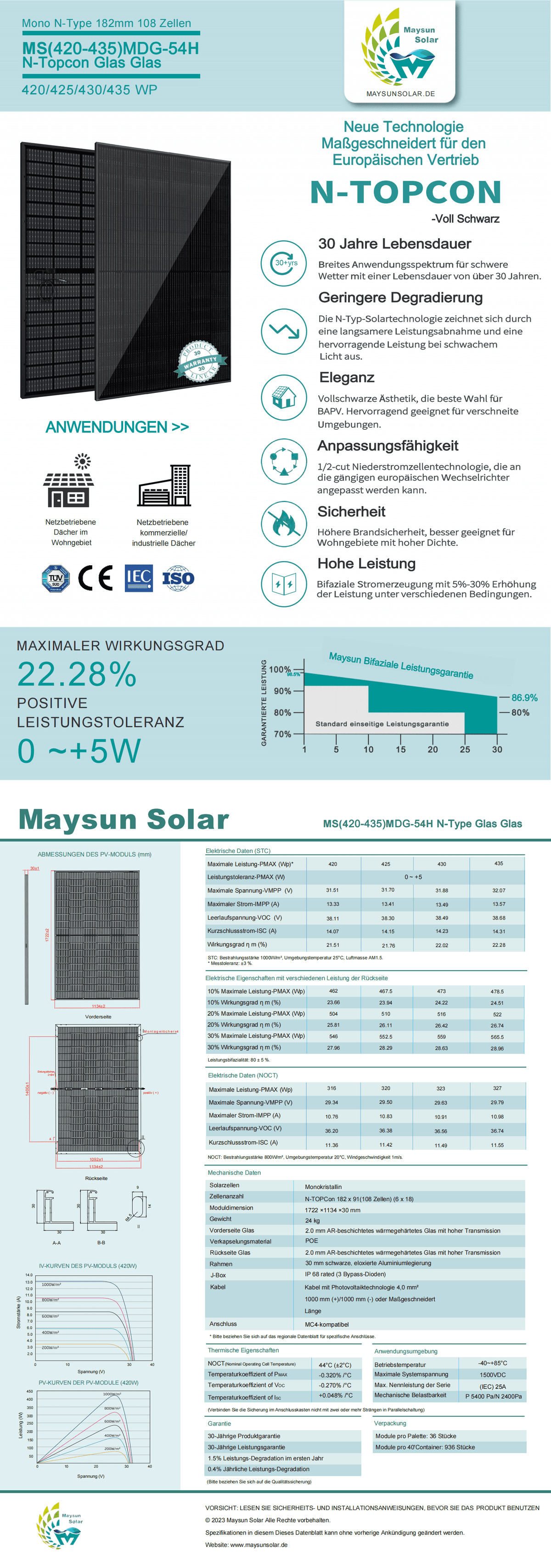 Maysun Solar Glas-Glas Vollschwarz 420W-435W MONO N-Topcon 182mm 108 Zellen 1/2 Cut PV Modul