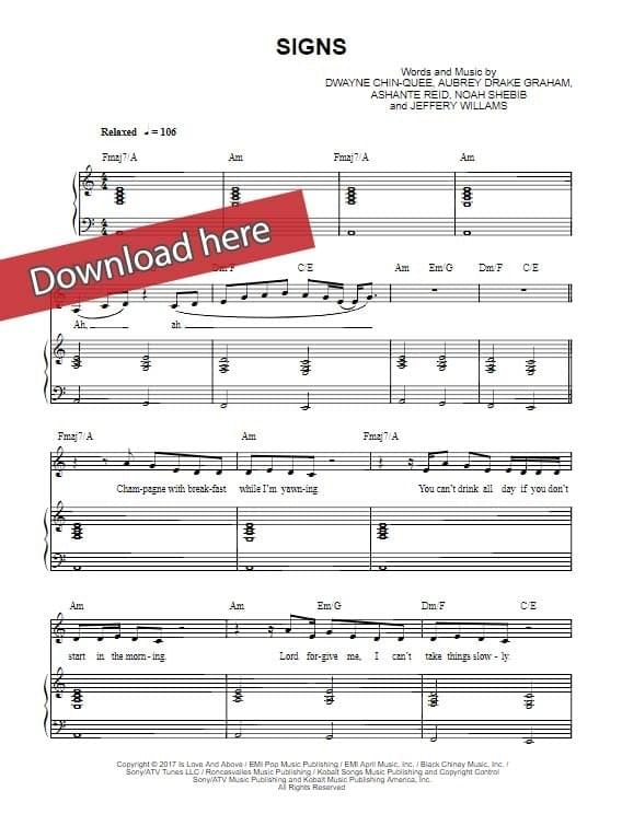 Drake - Signs Sheet Music, Piano Notes, Chords