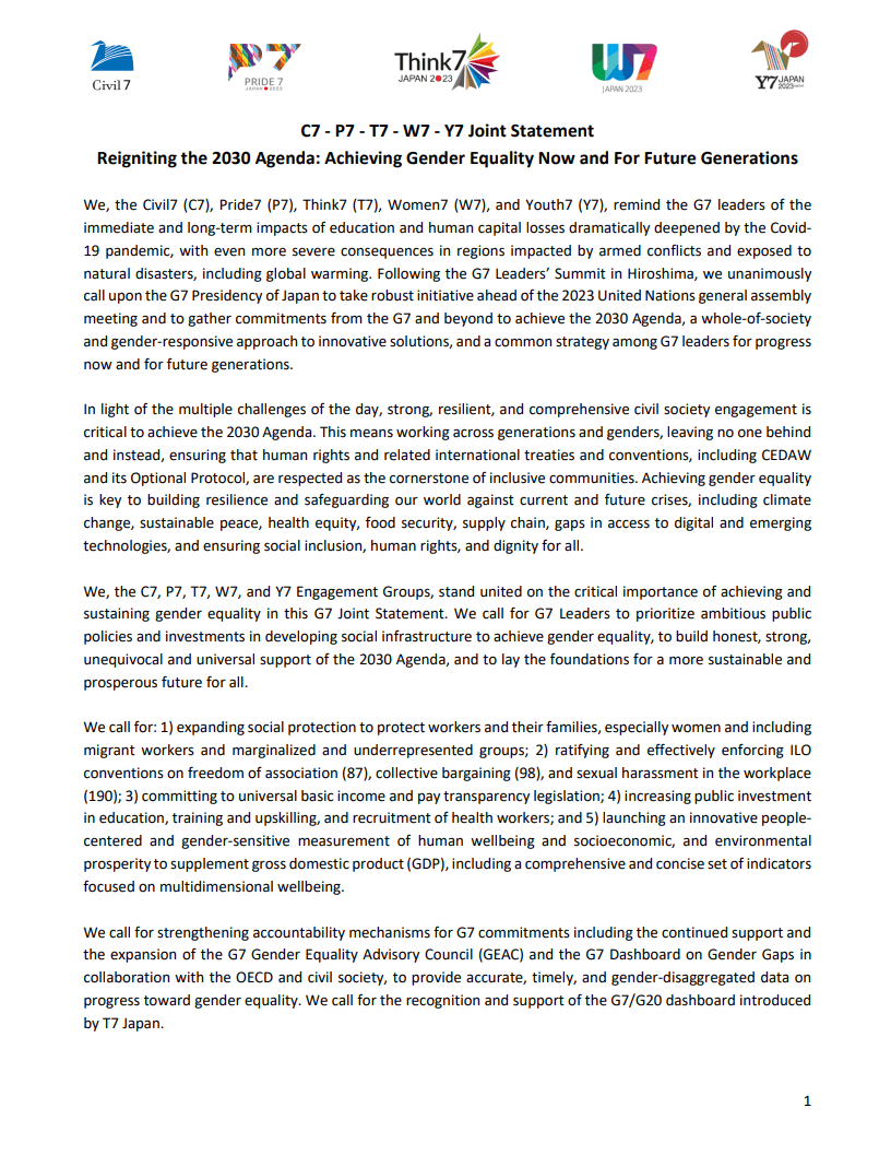 【声明】G7日光男女共同参画・女性活躍担当大臣会合に先立ち、C7 - P7 - T7 - W7 - Y7共同声...
